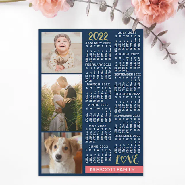2022 Calendar Navy Coral Gold Photo Collage Magnet | Zazzle