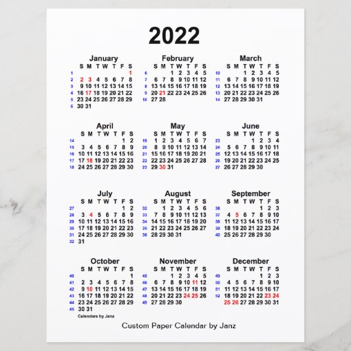 2022 Custom Holiday 52 Week Calendar by Janz | Zazzle