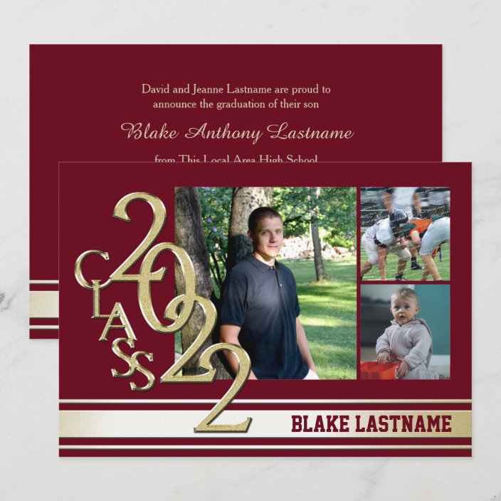 2022 Gold Varsity Stripe Grad Tri Photo Burgundy Invitation | Zazzle.com