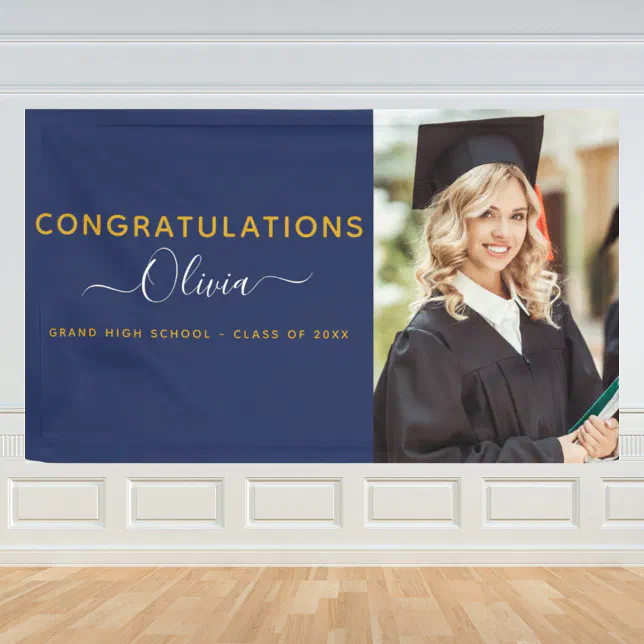 2022 Graduation Navy Blue Gold High School College Banner | Zazzle