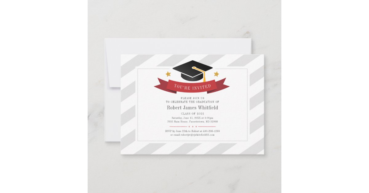 2022 Graduation Party Grad Cap Red Gold Silver Invitation | Zazzle