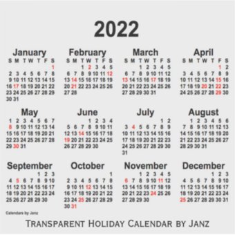2022 Transparent Holiday Calendar by Janz Sticker | Zazzle