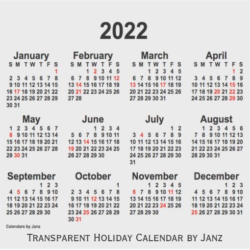 2022 Transparent Holiday Calendar by Janz Sticker | Zazzle