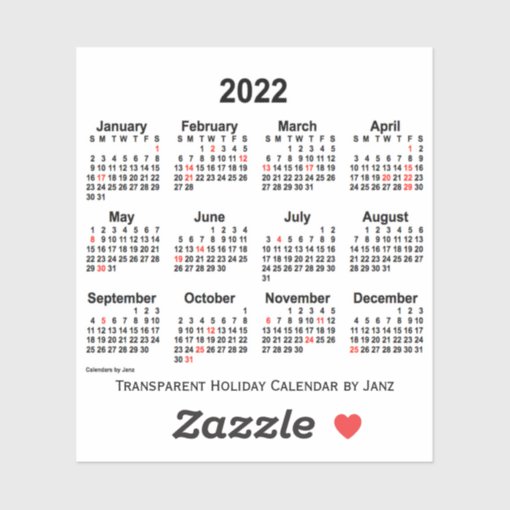 2022 Transparent Holiday Calendar by Janz Sticker | Zazzle