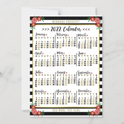 2022 Year Calendar Black Stripe Floral Custom Name Magnetic Invitation ...