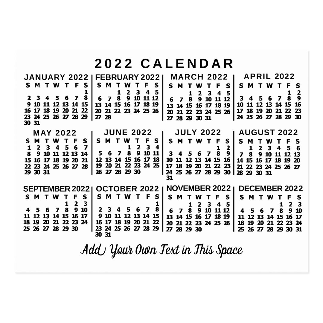 2022 Year Monthly Calendar Classic White and Black Postcard | Zazzle