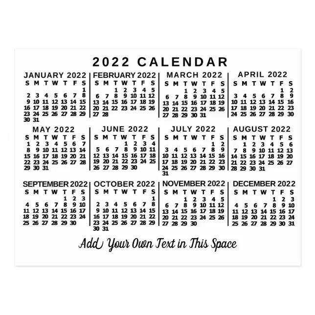 2022 Year Monthly Calendar Classic White and Black Postcard | Zazzle