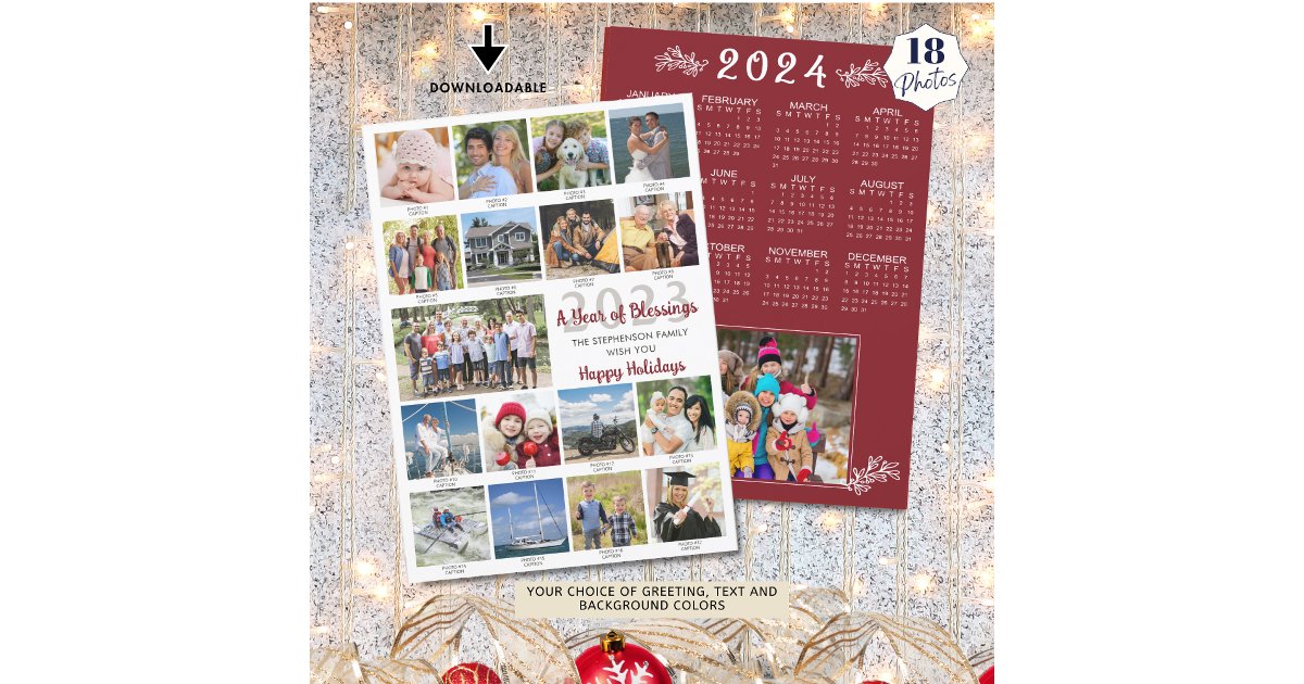 2023 18 Photo Collage Captions 2024 Calendar Holiday Card | Zazzle