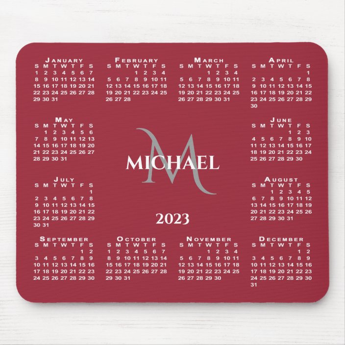 2023 Calendar Chic Monogram Name on Red Mouse Pad | Zazzle