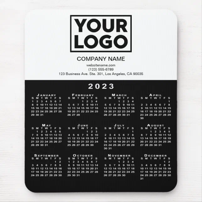 2023 Calendar Company Logo and Text Black White Mouse Pad | Zazzle