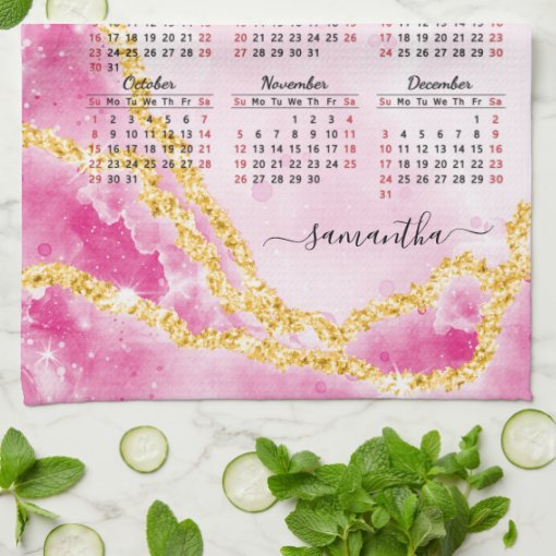 2023 Calendar Custom Name Girly Pink Elegant Kitchen Towel | Zazzle