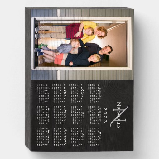 2023 Calendar Custom Photo Monogram Name on Black Wooden Box Sign | Zazzle