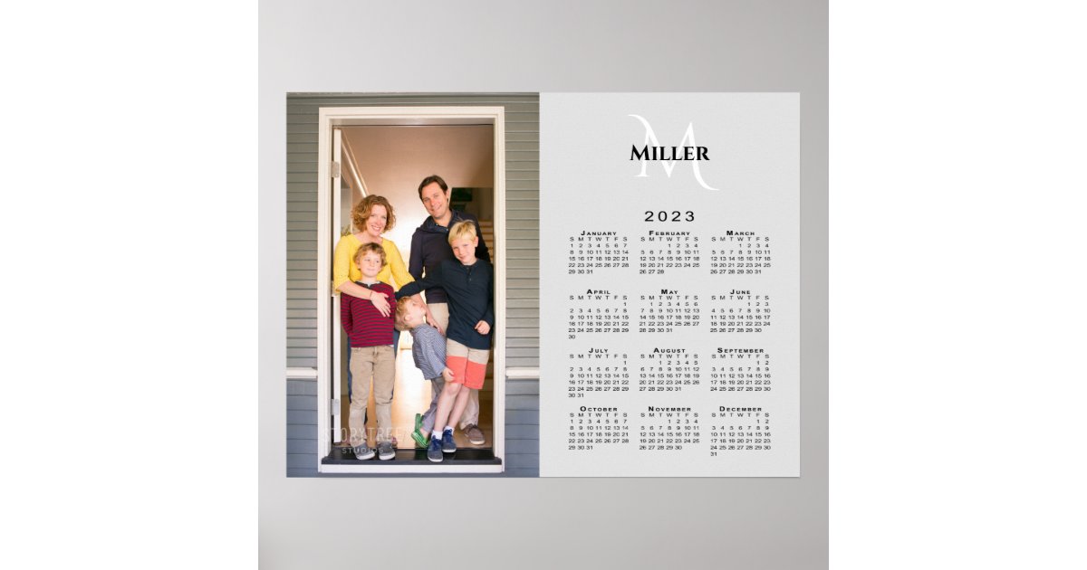2023 Calendar Custom Photo Monogram Name on Gray Poster | Zazzle