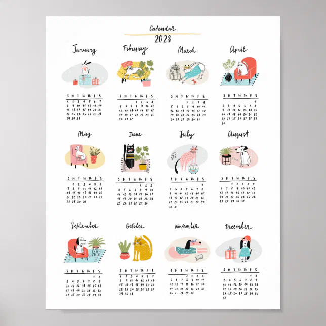 2023 Calendar Cute Cartoon Cats and Dogs Poster | Zazzle