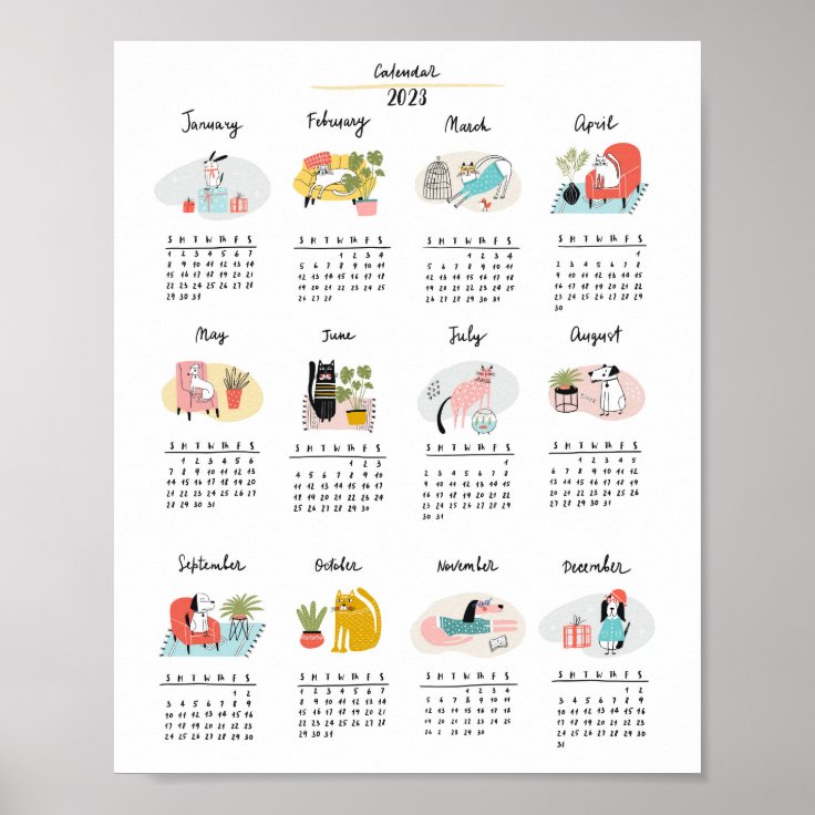 2023 Calendar Cute Cartoon Cats and Dogs Poster | Zazzle