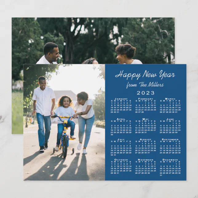 2023 Calendar Modern Blue 2 Photo Happy New Year Holiday Card | Zazzle