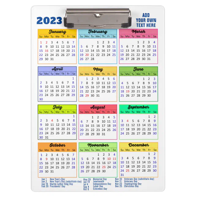 2023 Calendar with Public Holidays Modern Blue Clipboard | Zazzle