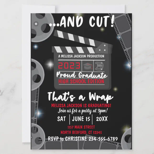 2023 Cut That's a Wrap Graduation Black Invitation | Zazzle