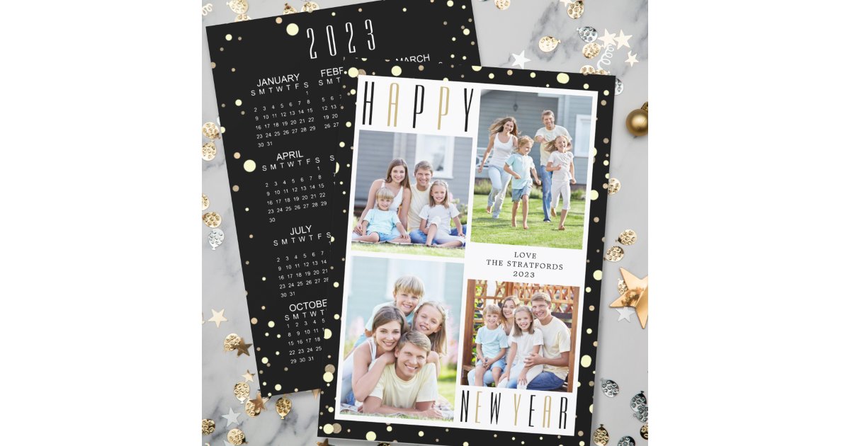 2023 NEW YEAR Calendar Black Gold 4 Photo Collage Holiday Card | Zazzle