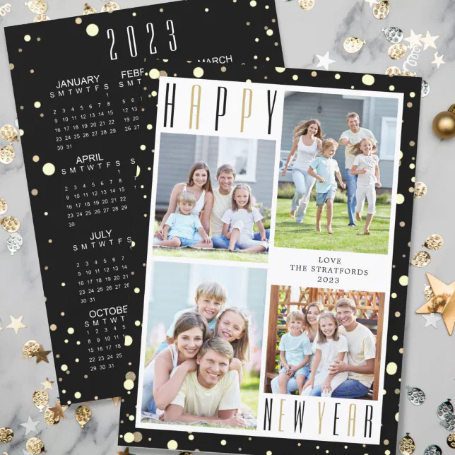 2023 NEW YEAR Calendar Black Gold 4 Photo Collage Holiday Card | Zazzle