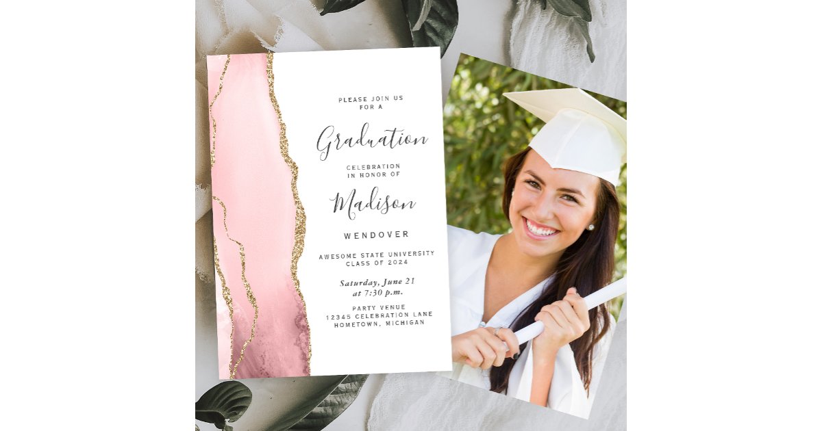 2024 Blush Pink Gold Agate Photo Graduation Invitation | Zazzle