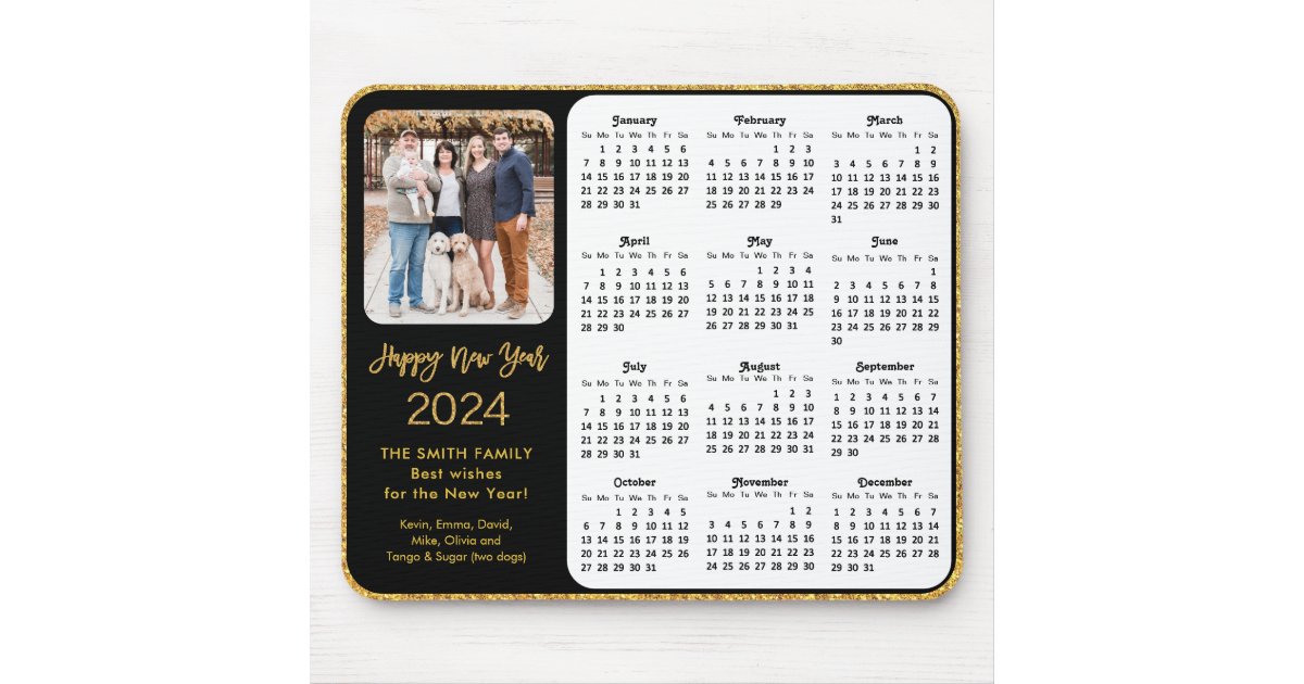 2024 Calendar Black Gold Glitter Family Photo Mouse Pad | Zazzle