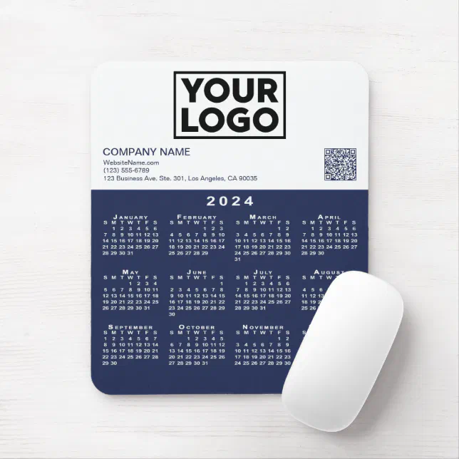 2024 Calendar Business Logo QR Code Navy White Mouse Pad | Zazzle