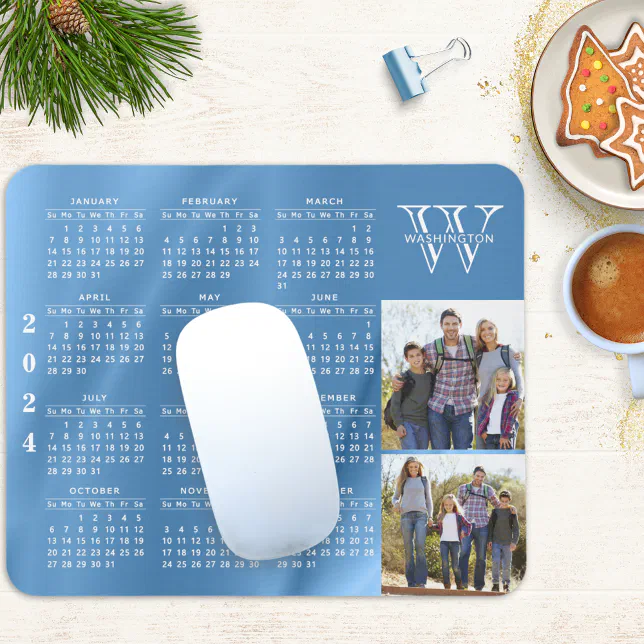 2024 Calendar Custom Monogram Family Photo Blue Mouse Pad | Zazzle