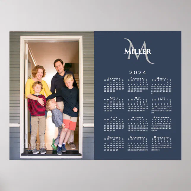 2024 Calendar Custom Photo Monogram Name Navy Blue Poster | Zazzle