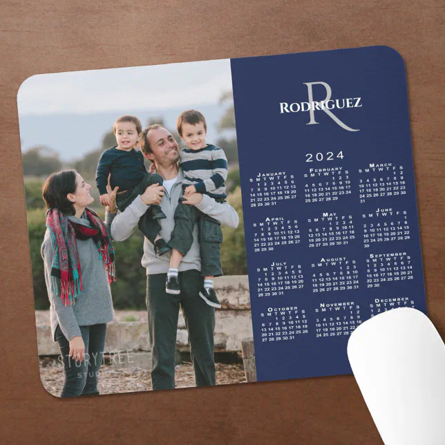 2024 Calendar Custom Photo Monogram Name Navy Mouse Pad | Zazzle