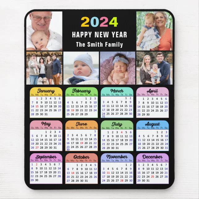 2024 Calendar Modern Black 6 Family Photo Collage Mouse Pad | Zazzle