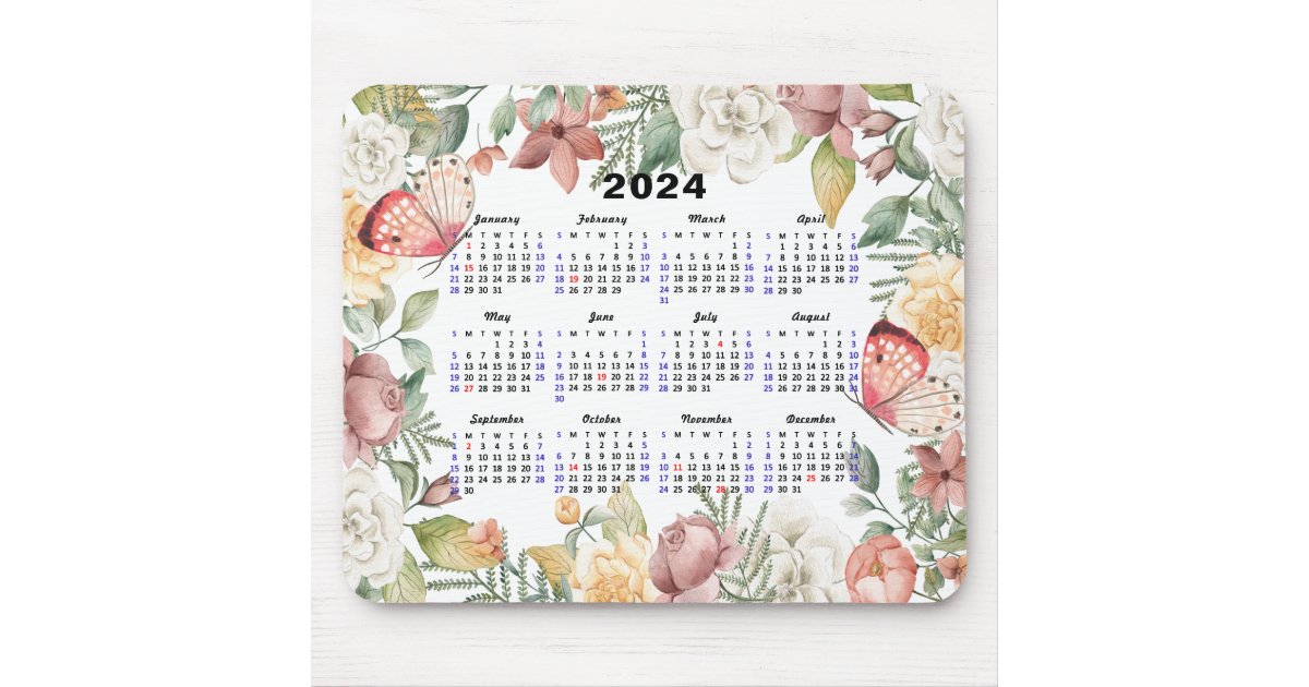 2024 Calendar Rose Floral Greenery Pink Butterfly Mouse Pad | Zazzle