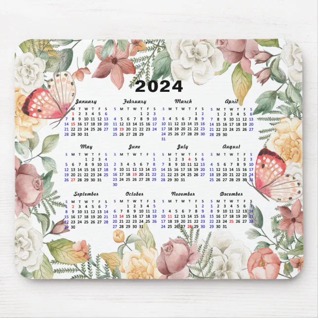 2024 Calendar Rose Floral Greenery Pink Butterfly Mouse Pad | Zazzle