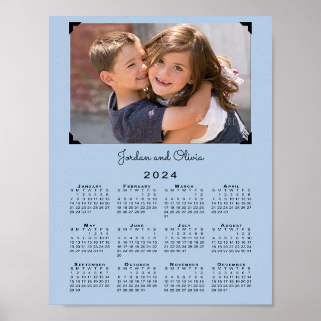 2024 Calendar with Your Photo and Name Light Blue Poster | Zazzle