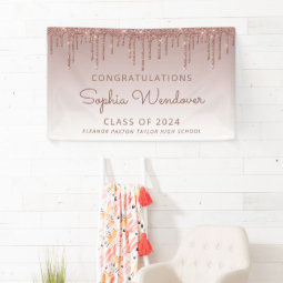 2024 Chic Rose Gold Glitter Drip Graduation Banner | Zazzle