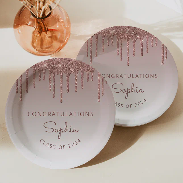 2024 Chic Rose Gold Glitter Drip Graduation Paper Plates | Zazzle
