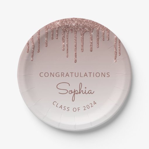 2024 Chic Rose Gold Glitter Drip Graduation Paper Plates | Zazzle