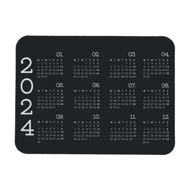 2024 Full Year Calendar Black And White Elegant Magnet | Zazzle