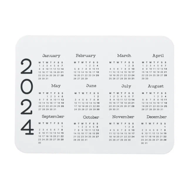 2024 Full Year Calendar Black And White Minimalist Magnet | Zazzle