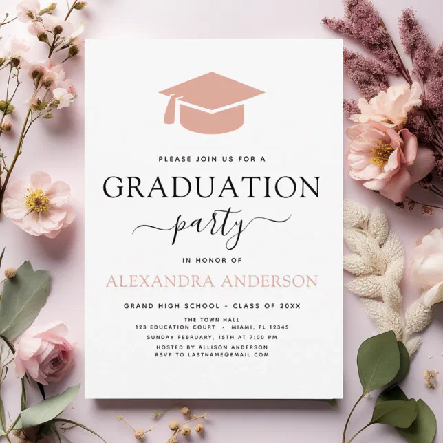 2024 Graduation Party Pink Elegant Black White Invitation | Zazzle