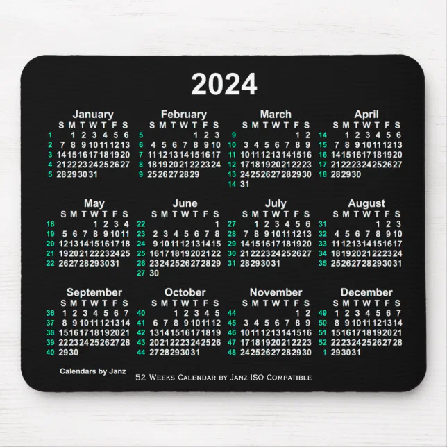 2024 Neon White 52 Weeks ISO Calendar by Janz Mouse Pad | Zazzle