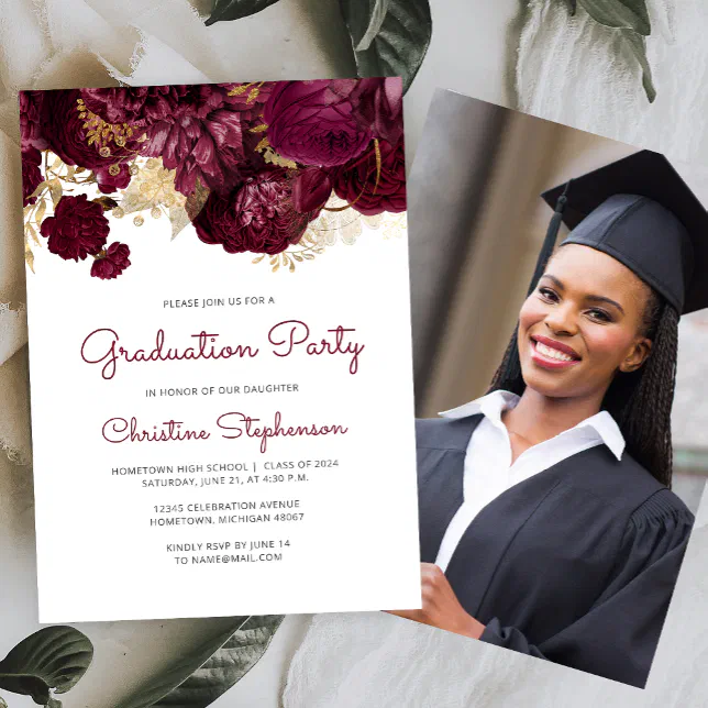 2024 Photo Burgundy Floral Graduation Party Invitation | Zazzle
