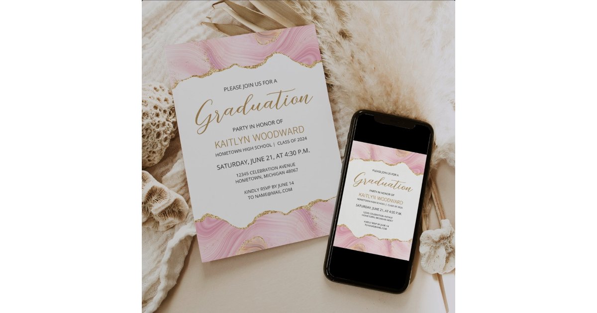 2024 Pink Gold Agate Graduation Party Invitation | Zazzle