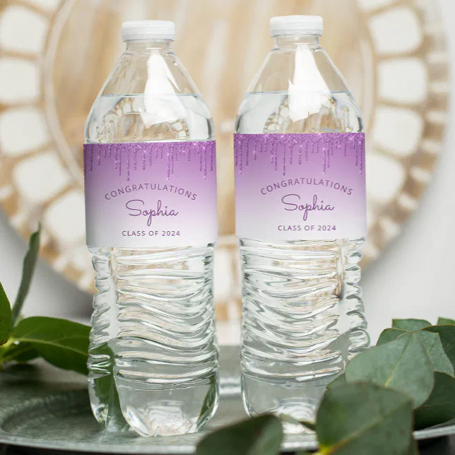 2024 Purple Glitter Drip Graduation Party Water Bottle Label | Zazzle