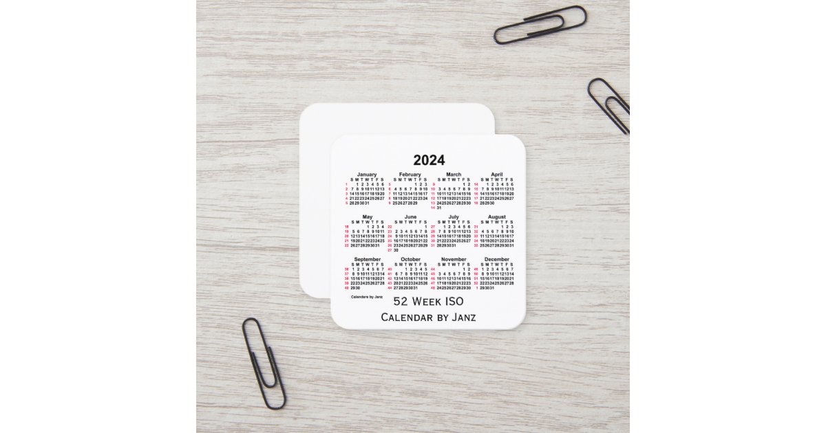 2024 White 52 Week ISO Calendar by Janz Square Business Card | Zazzle