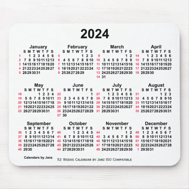 2024 White 52 Weeks ISO Calendar by Janz Mouse Pad | Zazzle