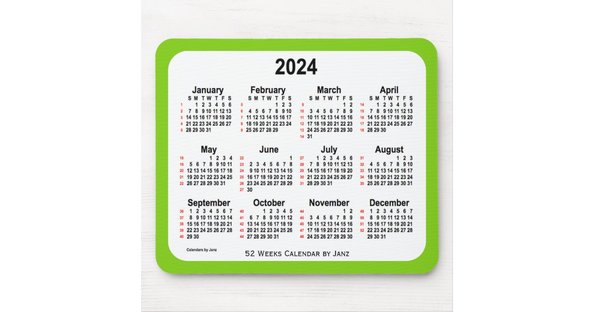 2024 Yellow Green 52 Weeks Calendar by Janz Mouse Pad | Zazzle