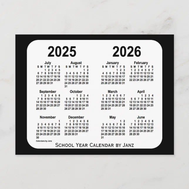 2025-2026 Black and White School Calendar by Janz Postcard | Zazzle