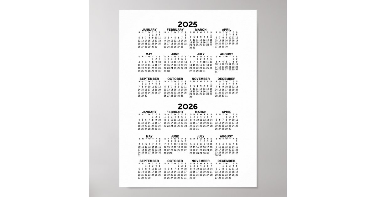 2025 2026 Calendar - Basic Minimal Black and White Poster | Zazzle