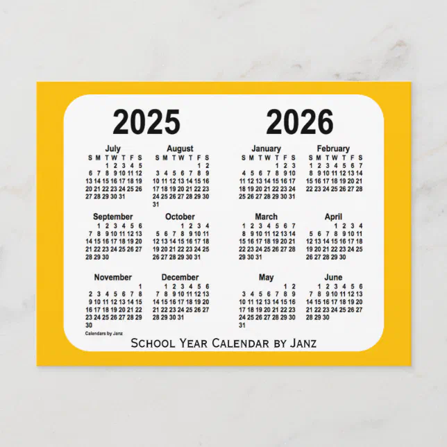 2025-2026 Gold Mini School Year Calendar by Janz Postcard | Zazzle